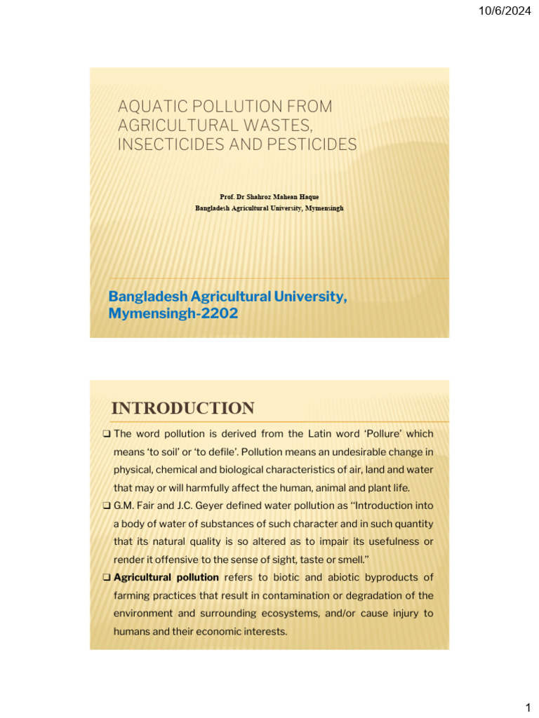 Aquatic Pollution From Agricultural Wastes Insecticides and Pesticides ...