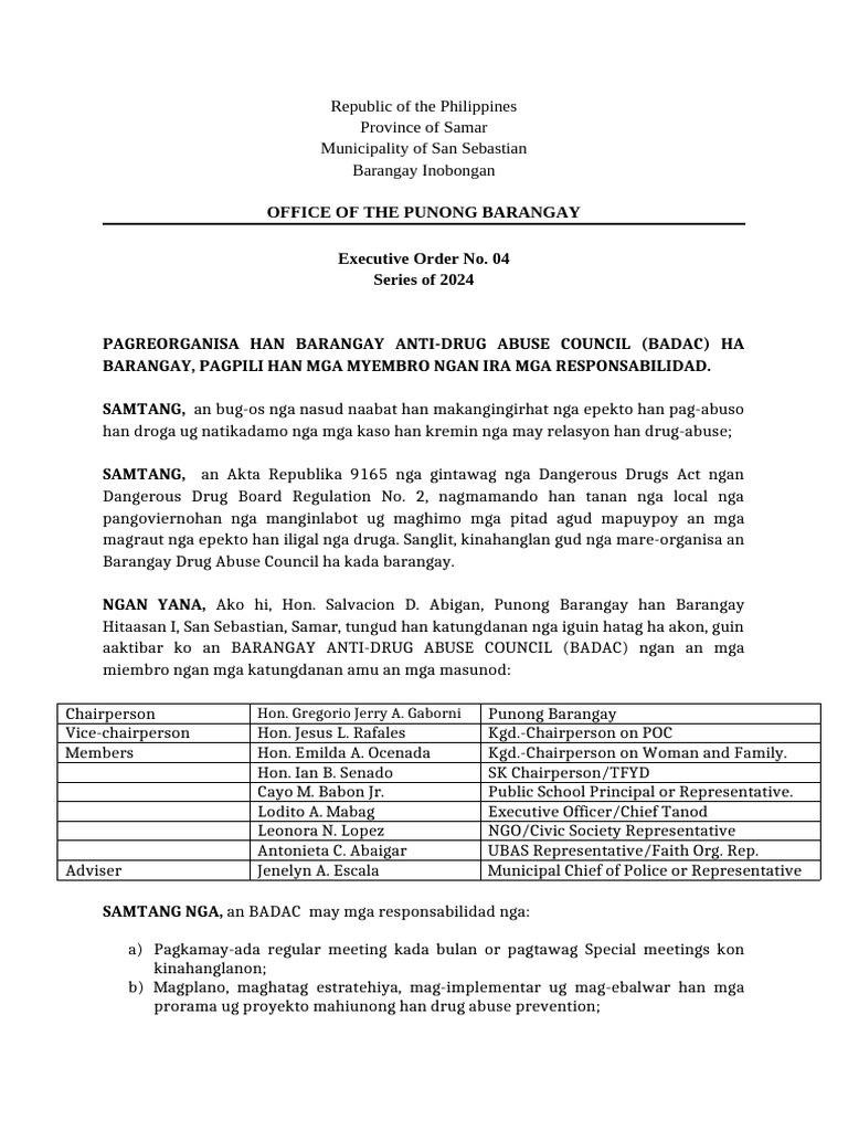 Executive Order to Establish Barangay Rehabilitation Referral Desk | PDF