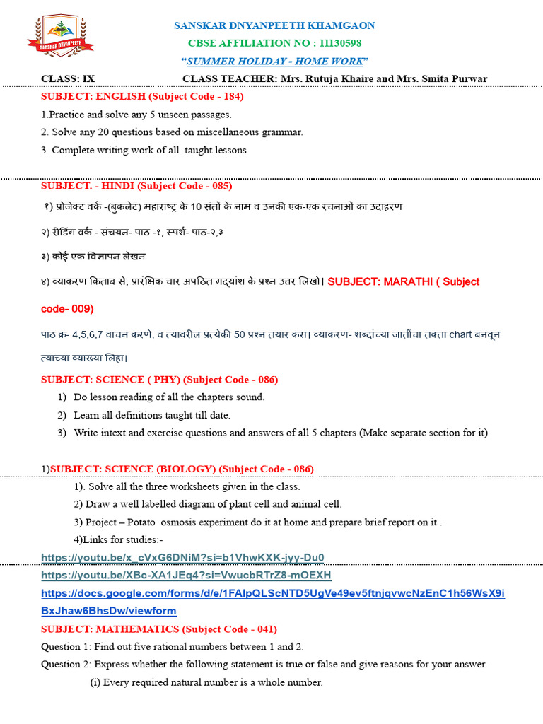 Std-Ix Summer Holiday Homework 2025-26 | PDF | Numbers | Rational Number