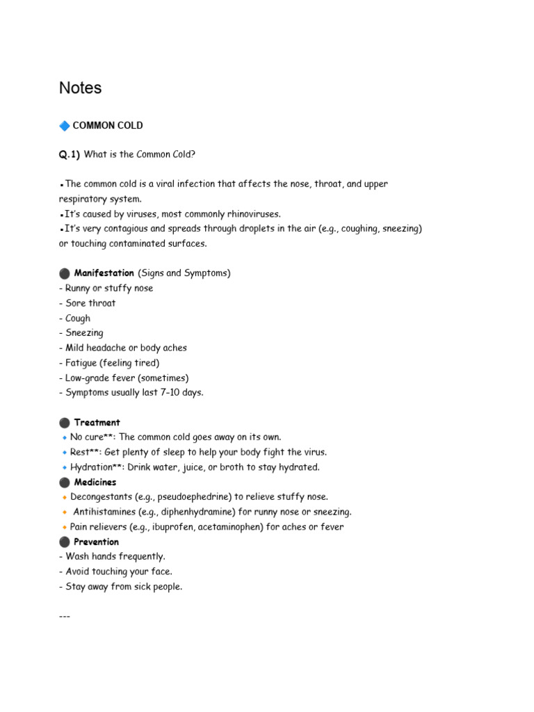 NOTES (Influenza, Common Cold, Asthma) | PDF | Common Cold | Asthma