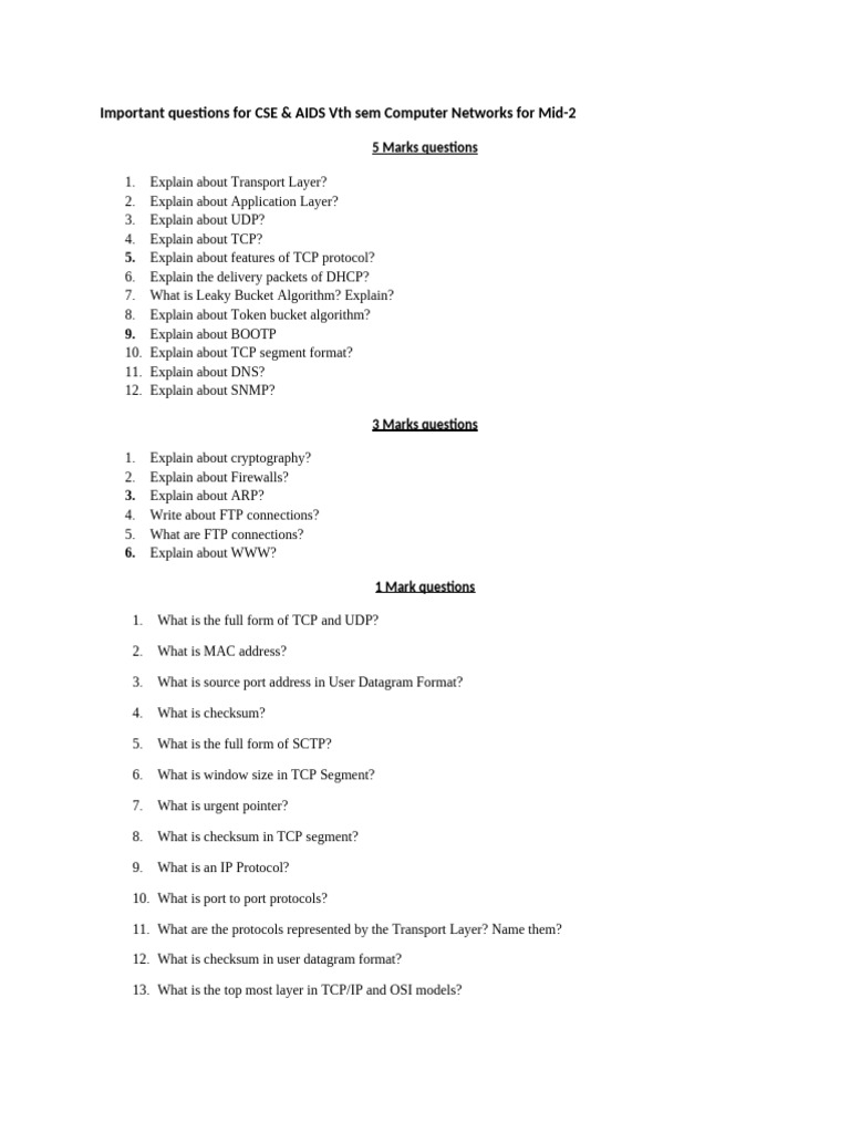 Important Questions For CSE VTH Sem Computer Networks For Mid | PDF