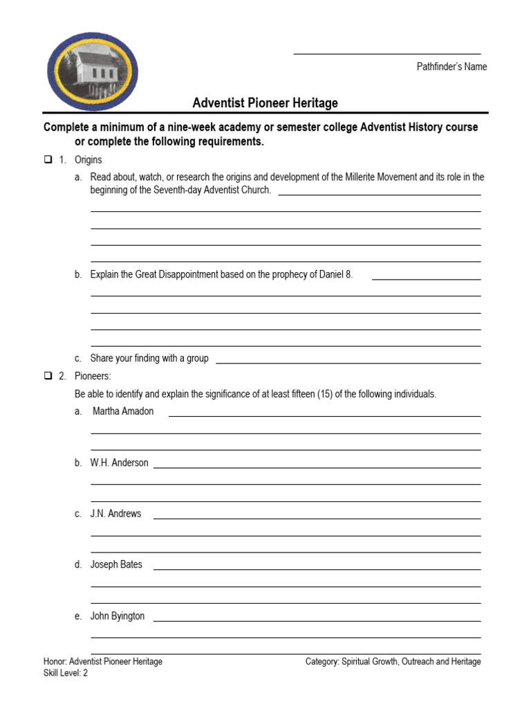 Adventist Pioneer Heritage Honor Guide | PDF | Seventh Day Adventist ...