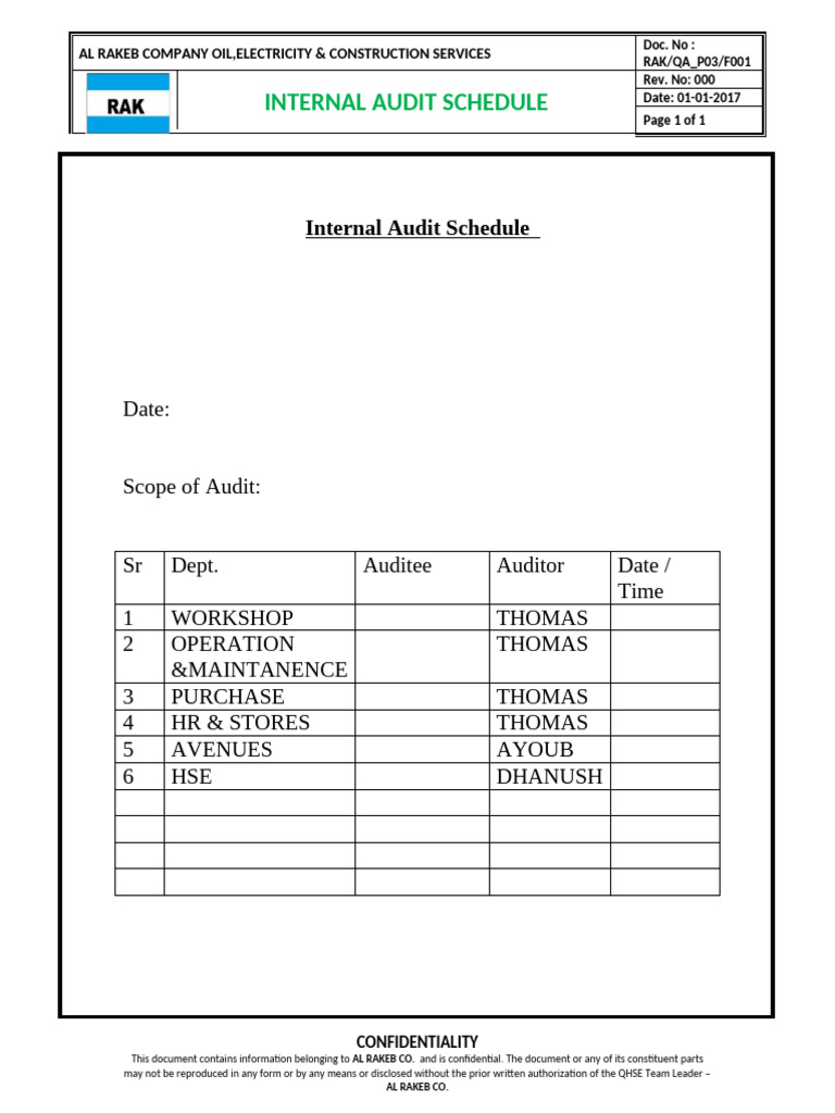 Internal Audit Schedule for Al Rakeb Co. | PDF