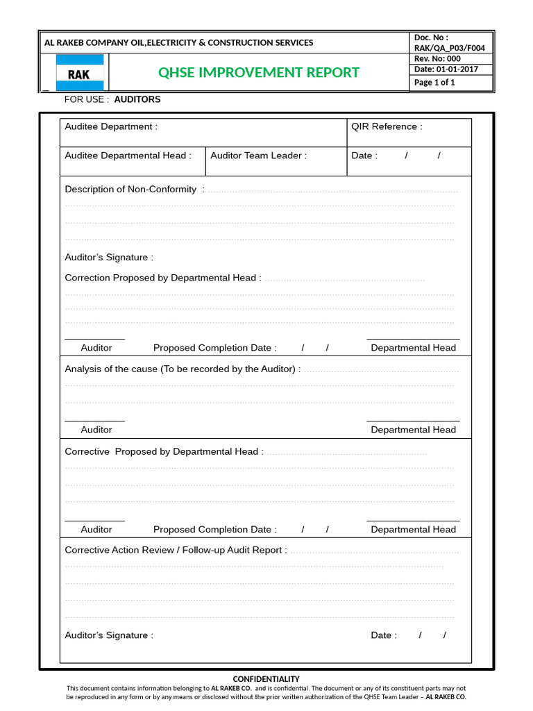 Rak-Qa - p03-f004 Qhse Improvement Report | PDF | Auditor's Report ...