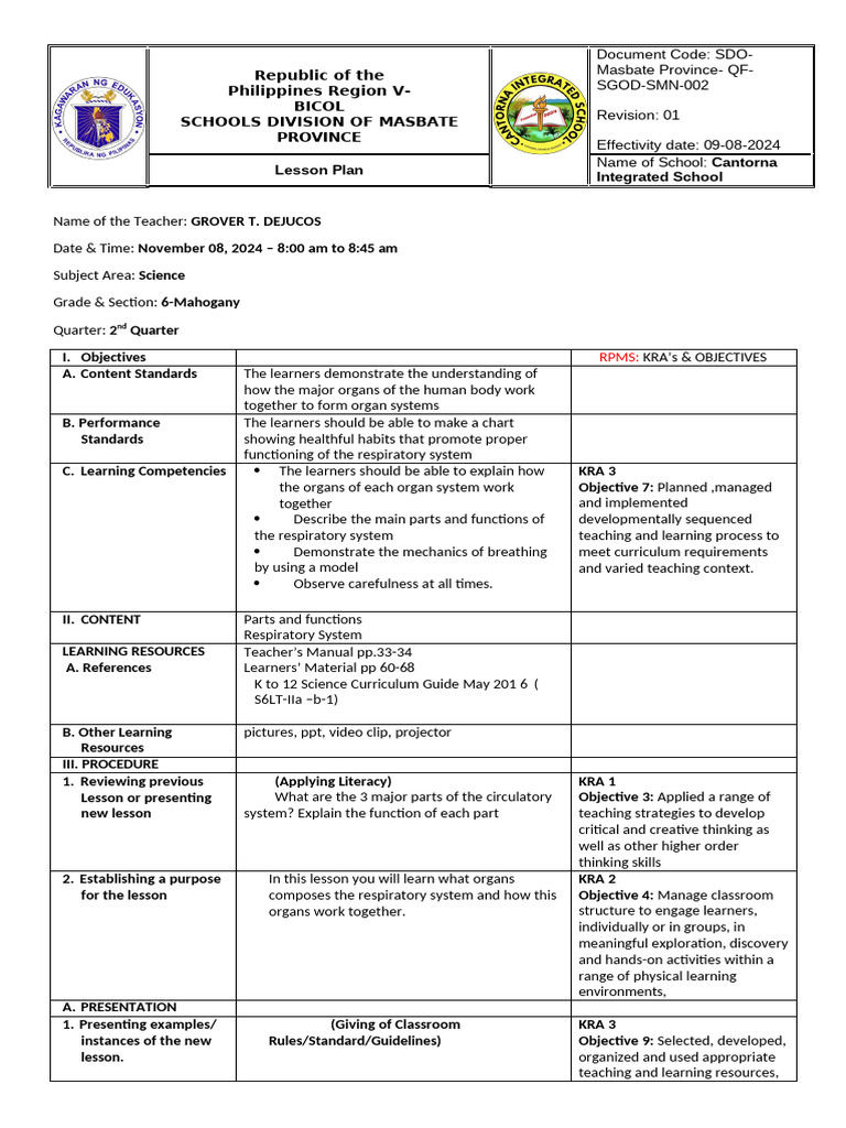 Cot Science 6 2019 2nd Quarter | PDF | Learning | Exhalation