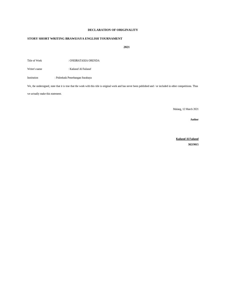Declaration of Originality SSW | PDF