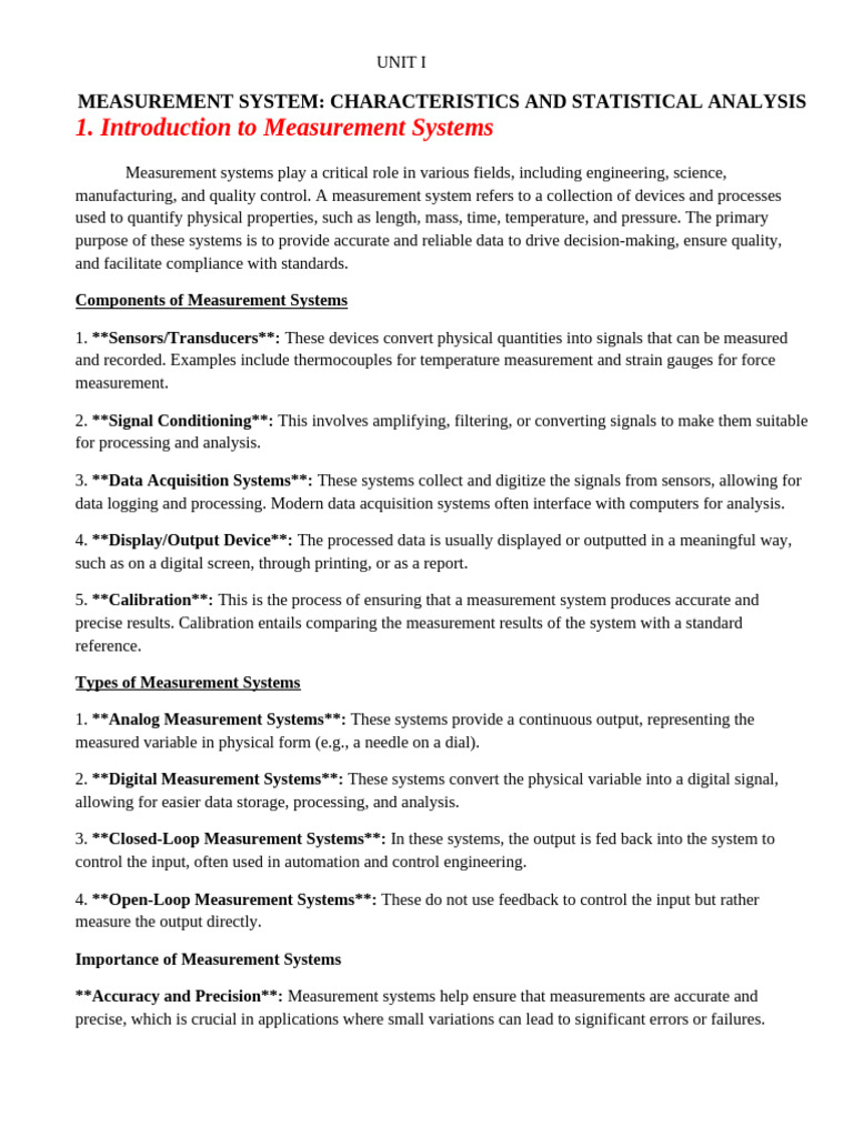 Measurement System Characteristics and Statistical Analysis Unit I | PDF | Observational Error ...