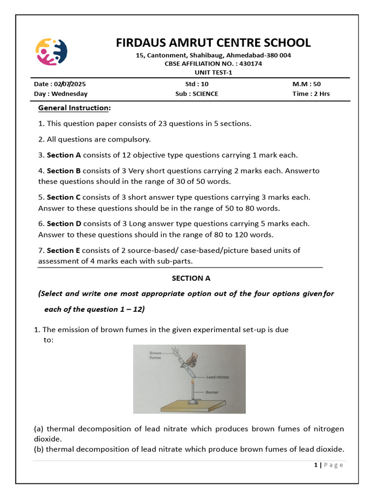 Class 10 Science Unit Test 1 Paper | PDF | Chemical Reactions | Breathing