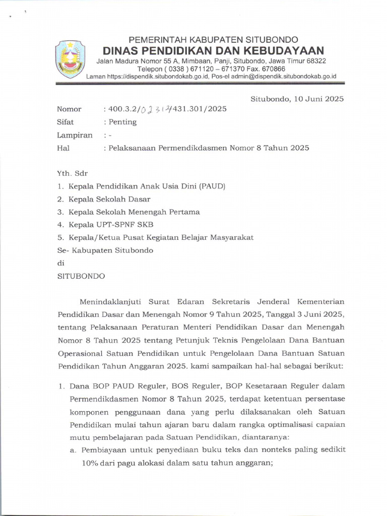 Surat Edaran Permendikdasmen Nomor 8 Tahun 2025 | PDF
