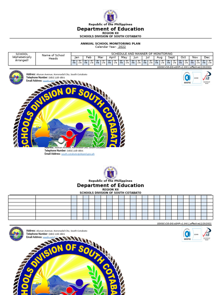 ANNUAL SCHOOL MONITORING PLAN Template DENNIS GALVE | PDF | Network ...