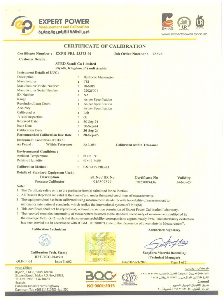 TSI HM685 Calibration Certificate | PDF | Calibration | Metrology