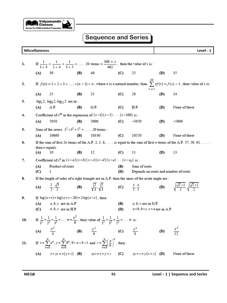 Sequence and Series Level 1 Questions | PDF | Circle | Numbers