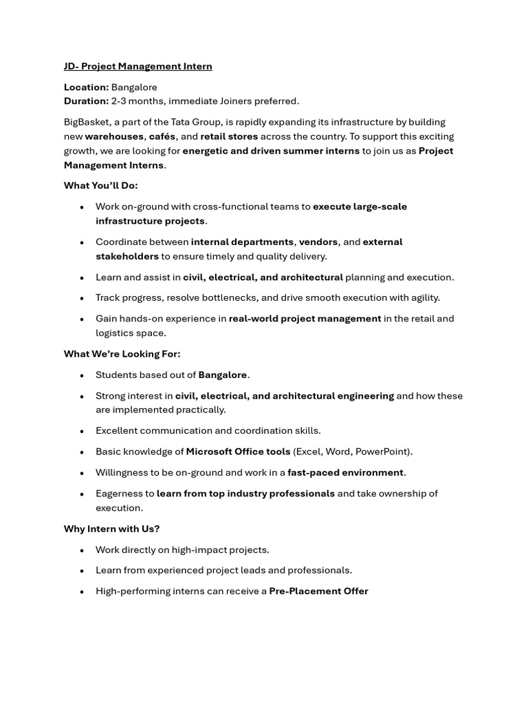 JD - Project Management Intern | PDF