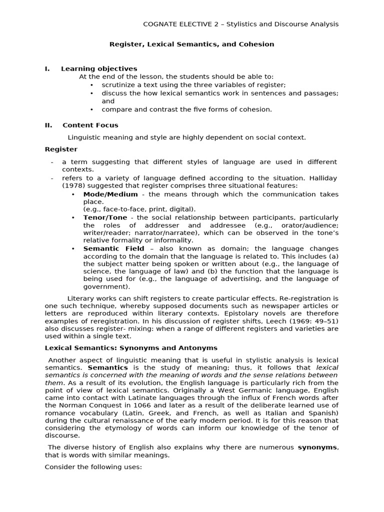 LC-6. Register, Lexical Semantics, and Cohesion | PDF | Semantics | Word