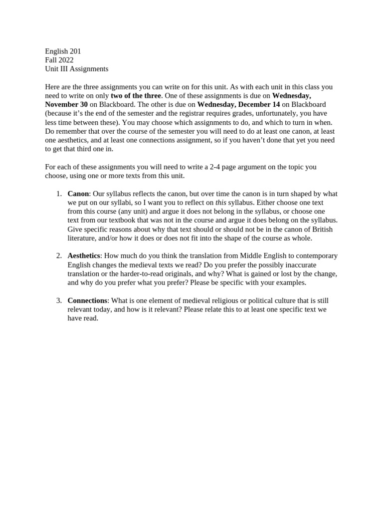 English 201 Unit 3 Assignments | PDF