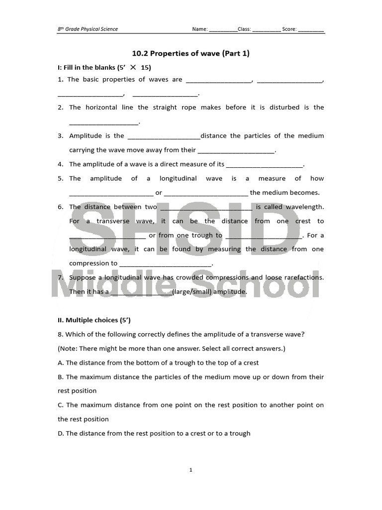 8th Grade Wave Properties Worksheet | PDF