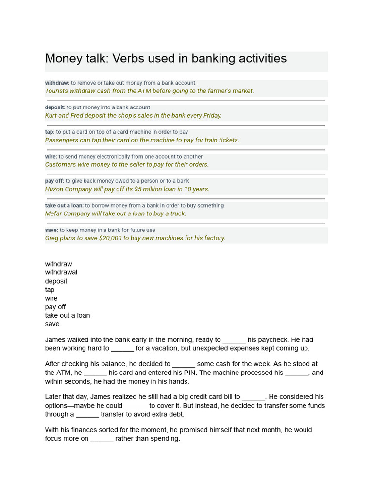 Verbs Used in Banking Activities | PDF | Banks | Automated Teller Machine
