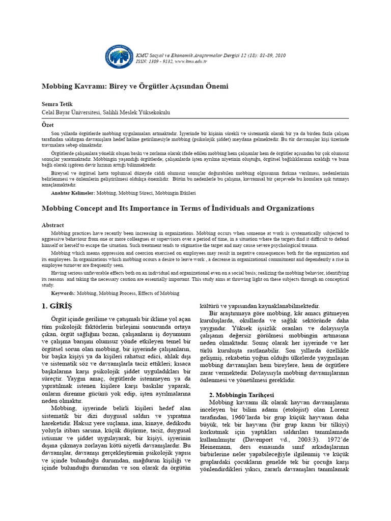 Mobbing Kavram Birey Ve Rg Tler a s Ndan Nemi[ | PDF