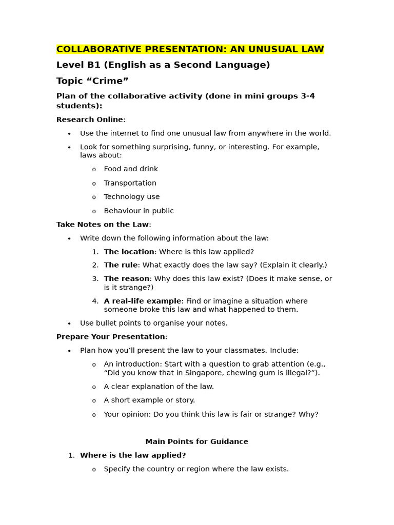 Collaborative Presentation Unsusual Law (B1 ESL) | PDF