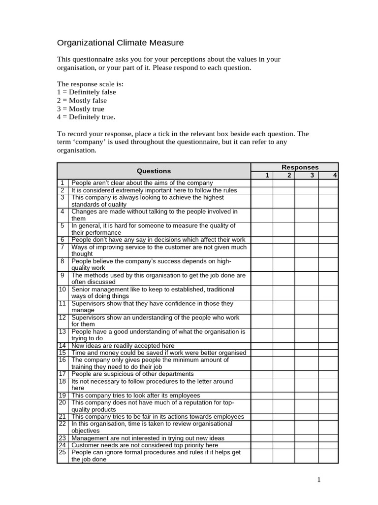Organizational Climate Measure Questionnaire | PDF | Questionnaire ...
