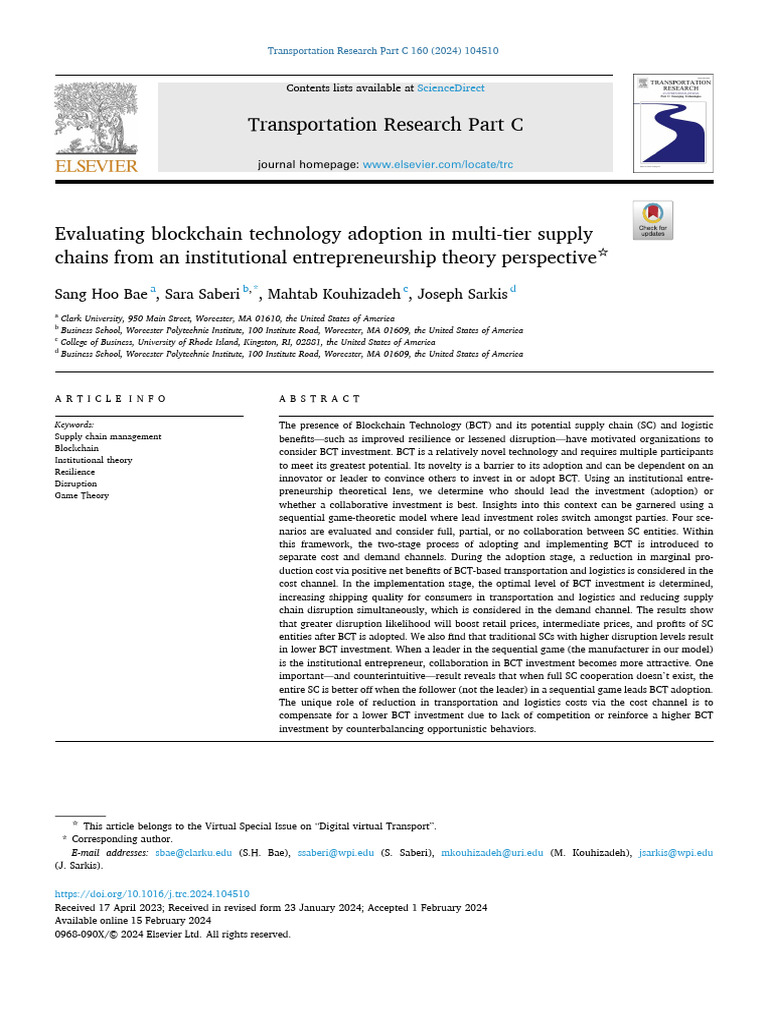 Bae - 2024 - TRC - Evaluating Blockchain Technology Adoption in Multi-Tier Supply | PDF | Supply ...