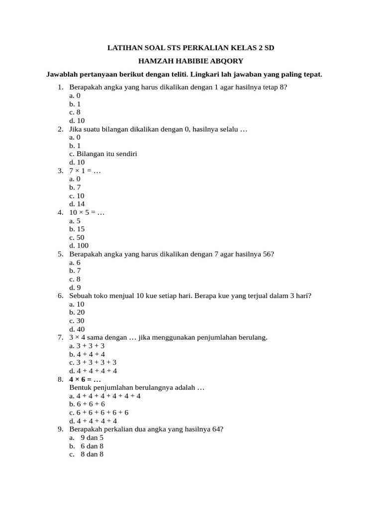 Latihan Soal Sts Perkalian Kelas 2 SD | PDF