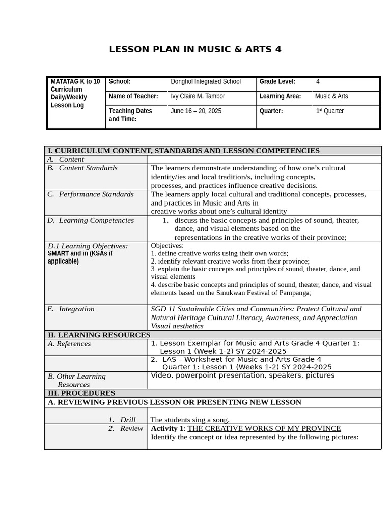 Sinukwan Festival: Grade 4 Lesson Plan | PDF | Dances | Curriculum