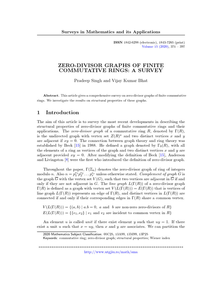 (Survey)Zero Divisor Graphs of Finite Commutative Rings | PDF | Vertex (Graph Theory) | Ring ...