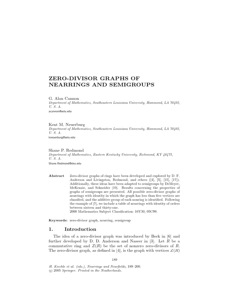 Zerodivisor Graphs of Nearrings and Semigroups | PDF | Vertex (Graph Theory) | Ring (Mathematics)