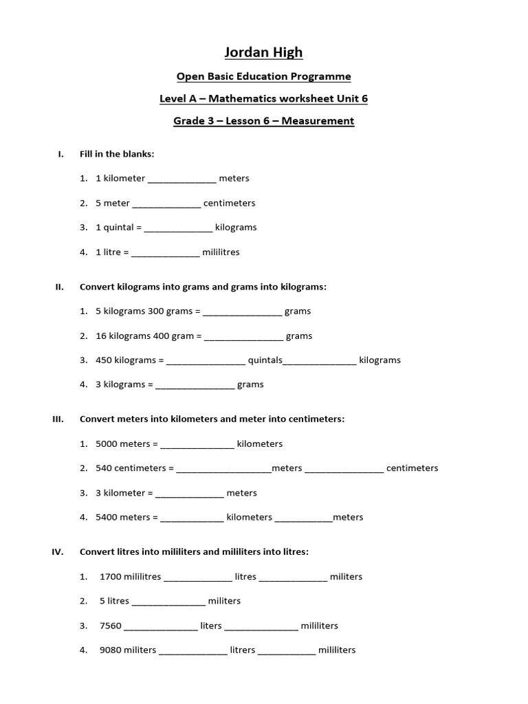 Grade 3 - Maths Worksheet - Lesson 6 | PDF | Litre | Metrology