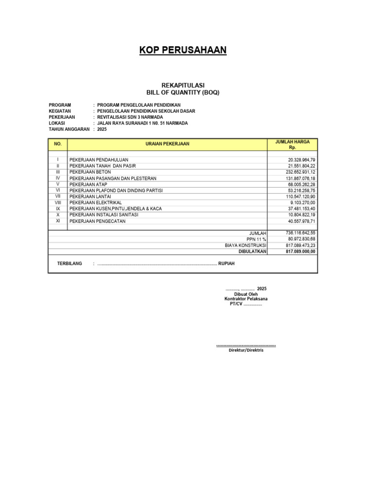 BOQ Kosongan SDN 3 Narmada KOMPLIT | PDF