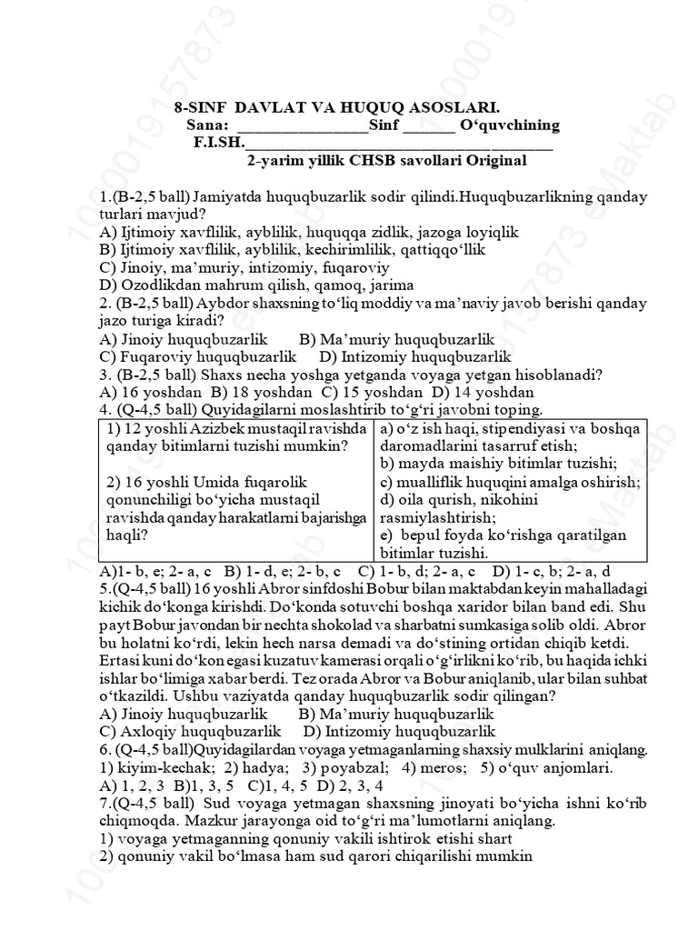 8-Sinf Davlat Va Huquq Original | PDF