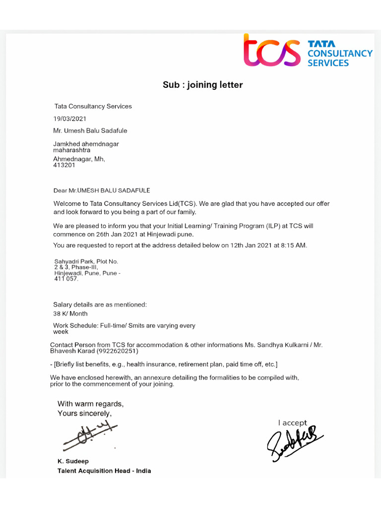 Tcs Job Offerletter | PDF