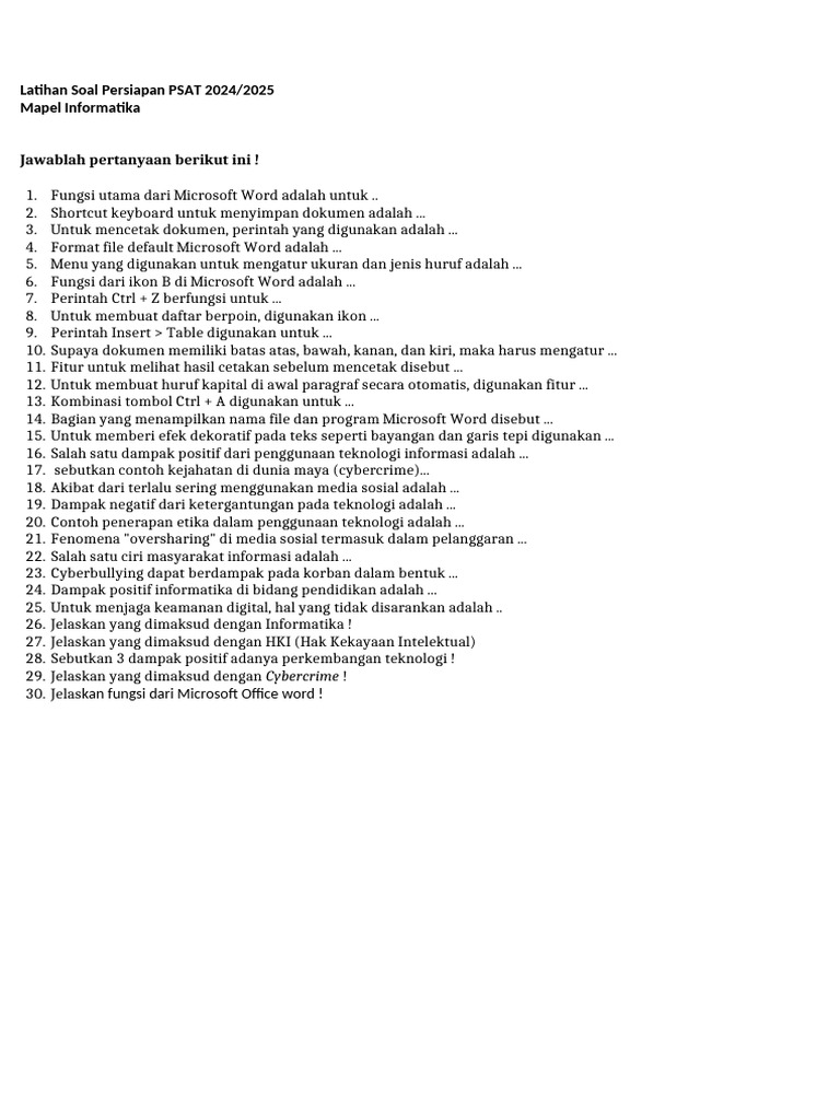 Latihan Soal Informatika X TSM, LPKC, Ph-1 | PDF