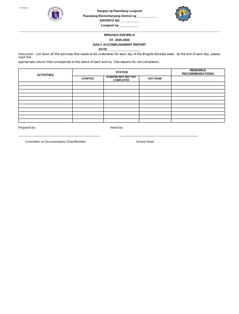 Brigada Eskwela Form 6 Daily Accomplishment Report | PDF