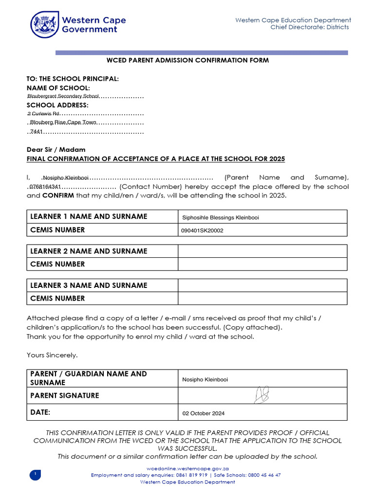 WCED Parent Admission Confirmation 2025 | PDF