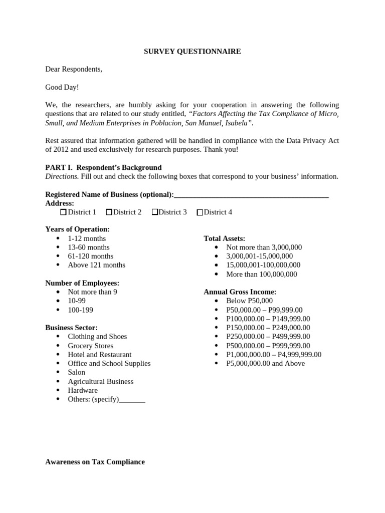 Survey Questionnaire Final | PDF | Taxes | Payments