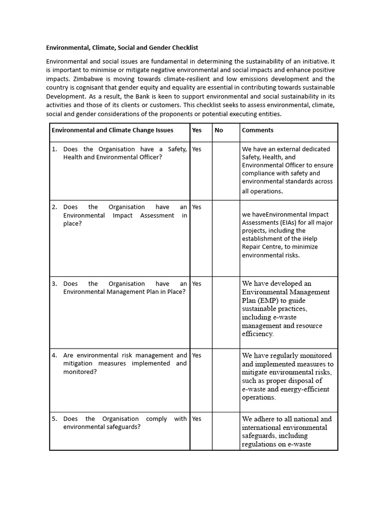 Environmental Social and Gender Checklist | PDF | Sustainability ...
