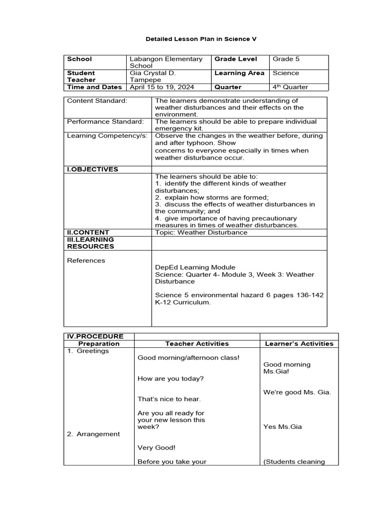 Detailed Lesson Plan in Science - Weather Disturbance | PDF | Tropical ...
