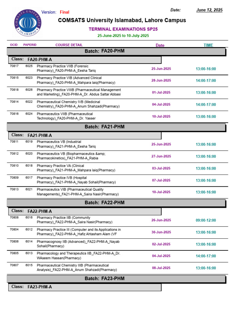 PHM SP-25 Final Exams Date Sheet | PDF | Pharmacology | Pharmacy
