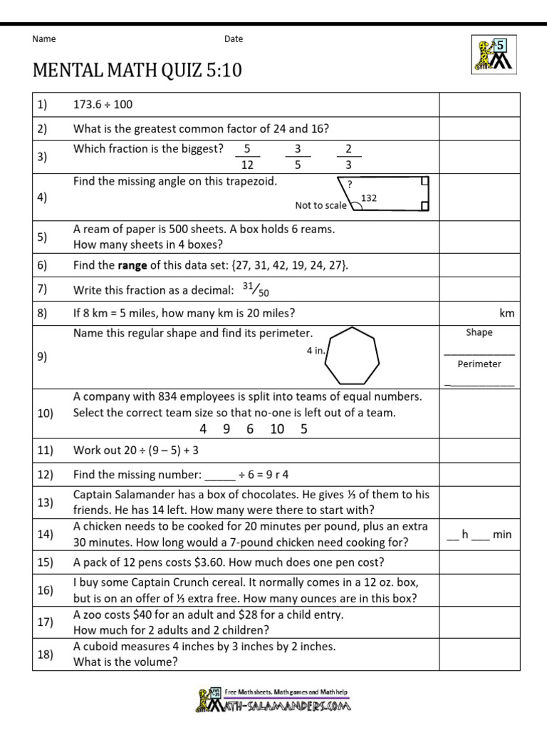 Mental-Math-5th-Grade-10 - Math Salamanders Mental Math | PDF