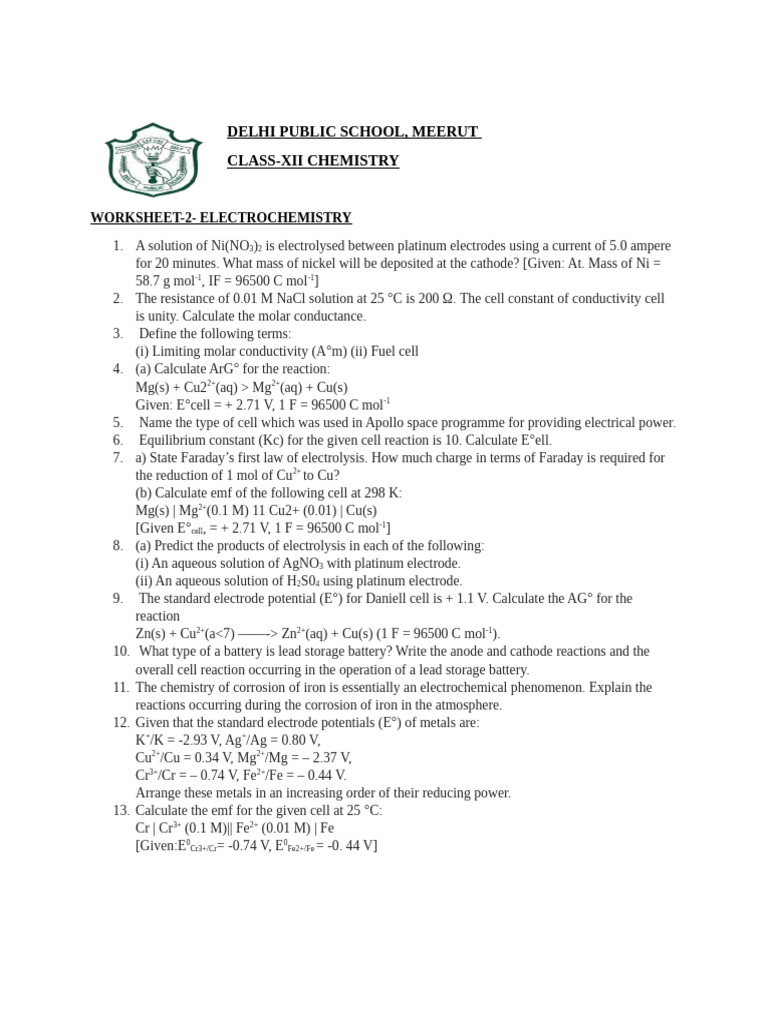 Worksheet 2 Electrochemistry | PDF