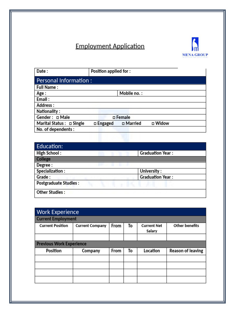 Employment Application Form Template | PDF