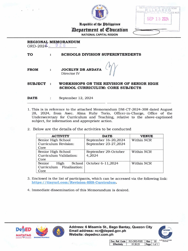 RM No. 926 S. 2024 Workshops On The Revision of Senior High School Curriculum Core Subjects | PDF