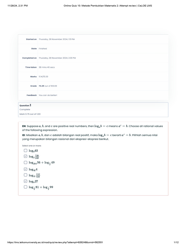 Online Quiz 10 - Metode Pembuktian Matematis 2 - Attempt Review - CeLOE ...