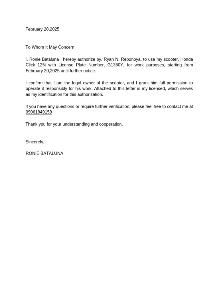 Authorization Letter Ryan | PDF