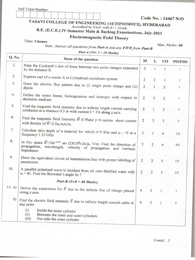 Electromagnetic Filed Theory, ECE, IV Sem, July 2023 | PDF