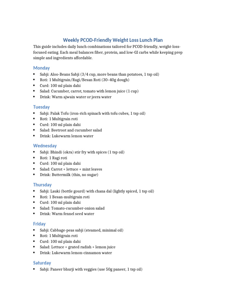 PCOD Weekly WeightLoss LunchPlan | PDF