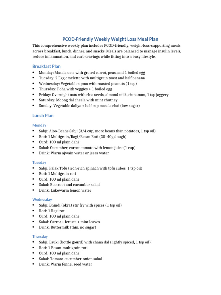 PCOD Complete Weekly Meal Plan | PDF | Salad | Yogurt
