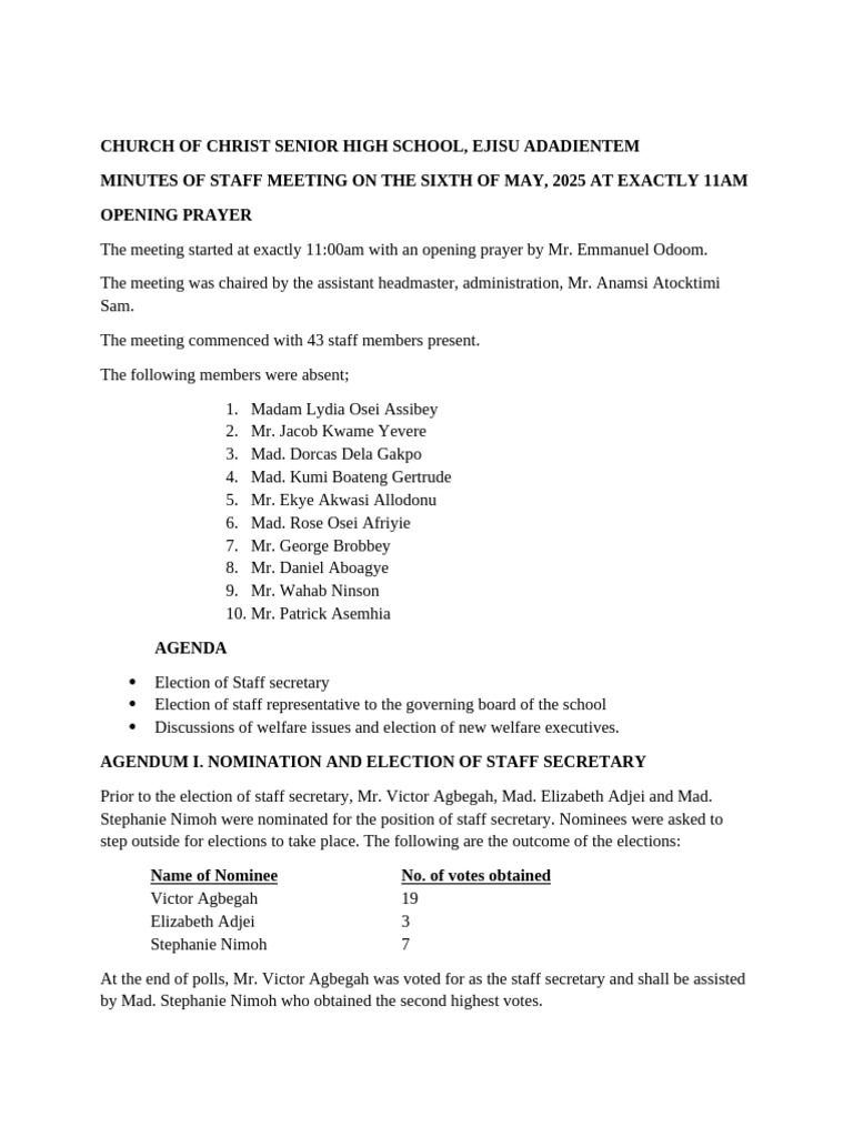 Minutes of Staff Meeting On Sixth May | PDF